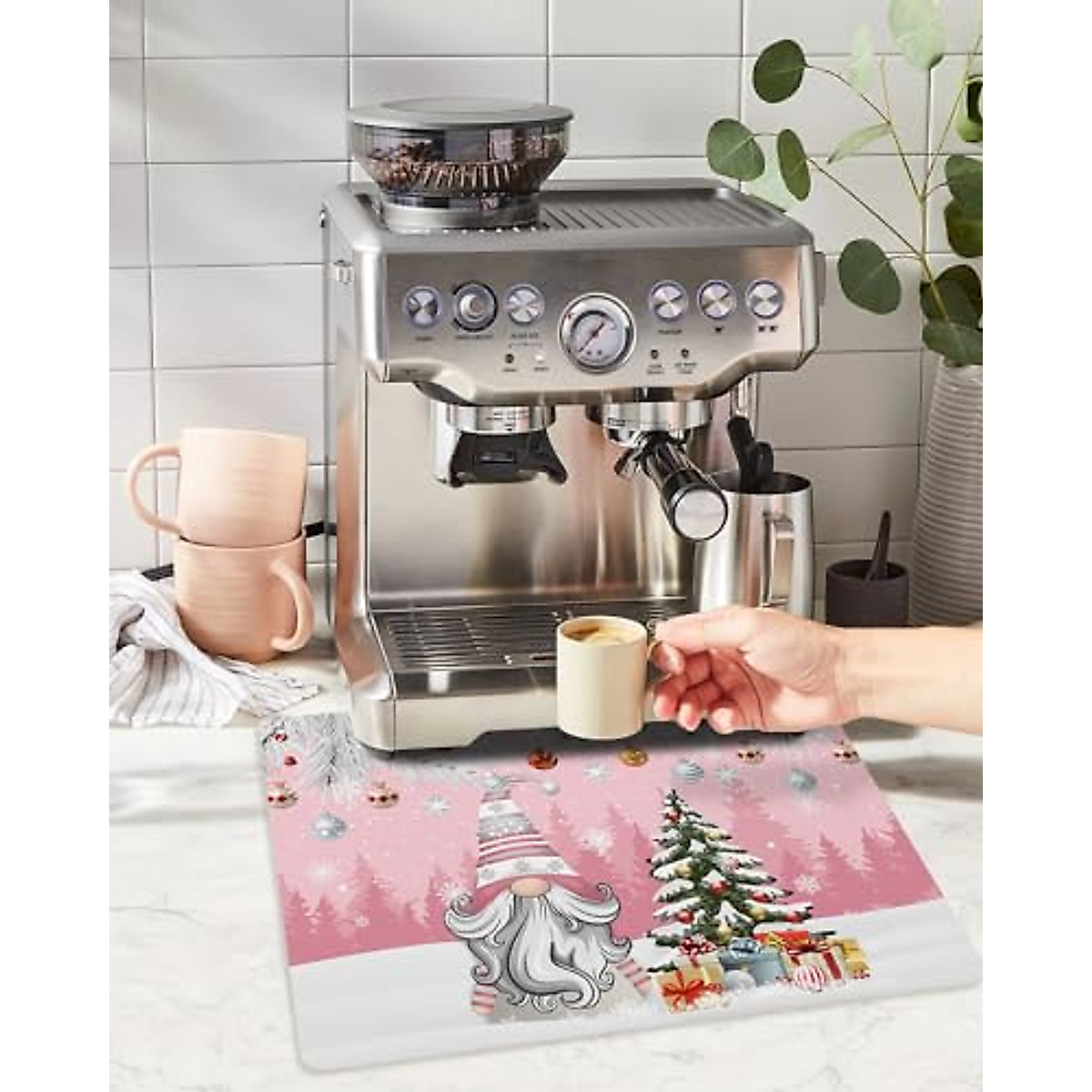 Coffee Mat for Counter, Christmas Gnome with Green Xmas Tree Pink Absorbent Hide Stain Coffee Bar Mat, Non-slip Coffee Bar Accessories Kitchen Drying Mat Fit Under Coffee Maker Espresso Machine