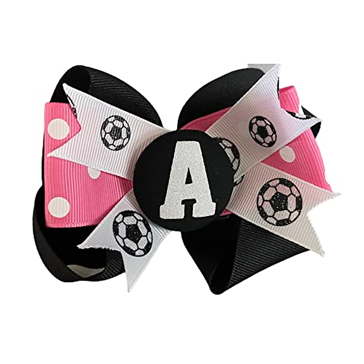 Soccer Bow with Glitter Initial or Number Button, Hot Pink Black and White, Baseball Softball Cheer and Volleyball Football