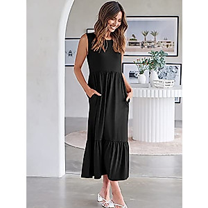 ANRABESS Women's Casual Summer Sleeveless Ruffle Sundress Round Neck A-Line Pleated Maxi Dress with Pockets 499heise-XXL Black