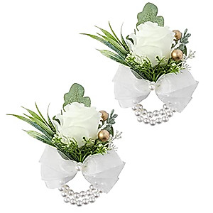 MYQNS Rose Wrist Corsage Women Bride Bridesmaid Hand Flower Wristlet Band Bracelet for White Wedding Party Proom Artificial Flower Accessories Decorations
