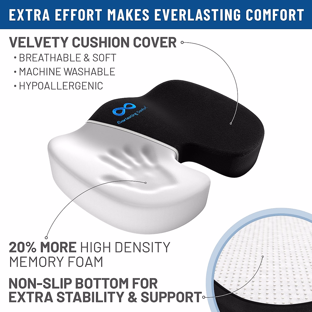 Everlasting Comfort Seat Cushion for Tailbone Pain Relief - Office Chair Cushion w/Premium ComfortFoam™ for All-Day Sitting Support - Coccyx, Sciatica Pain Relief Pillow for Desk Chair, Car Seat