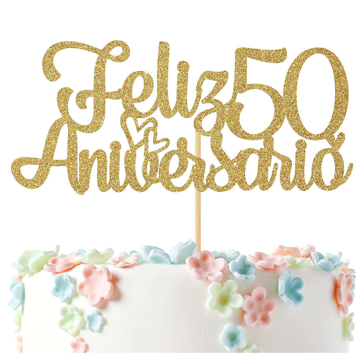 Ferastar Feliz 50 Aniversario Cake Topper, 50th Anos De Amor Wedding Decor, Happy 50th Anniversary Party Supplies Gold Glitter.