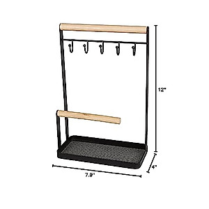 Creative Home Metal 2-Tier Jewelry Tree Stand Hanger Storage Organizer with Black Powder Coating Acacia Wood Hanger Bar for Necklaces Bracelets Earrings Watches Jewelry Display, 4" x 7.9" x 12" H