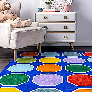 nuLOOM Kecia Octagons Printed Kids Area Rug, 5 ft x 7 ft 5 in, Blue