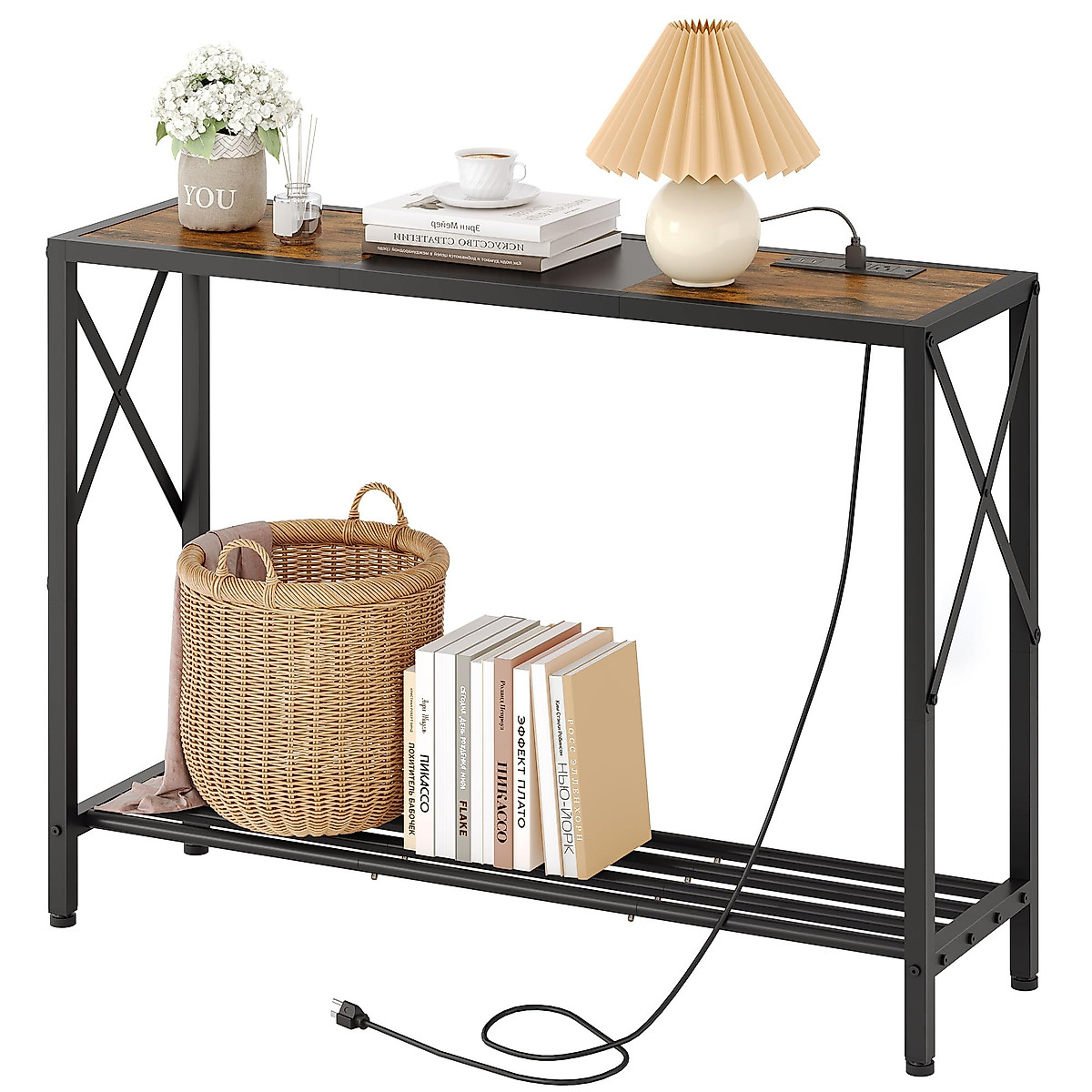 Tajsoon Console Table with Charging Station, 41.8" Entryway Table with Shelves, 2-Tier Narrow Sofa Table, Long Behind Couch Table, for Entryway, Foyer, Living Room, Hallway, Brown & Black