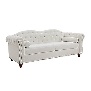 Lunanniu 81" Teddy Fabric Chesterfield Tufted Fabric Sofa 3 Seat Capacity Rolled Arm Nailhead Trim Thick Cushion Deep Seat Button Tufted Back Cozy Stylish for Living Room Apartment White