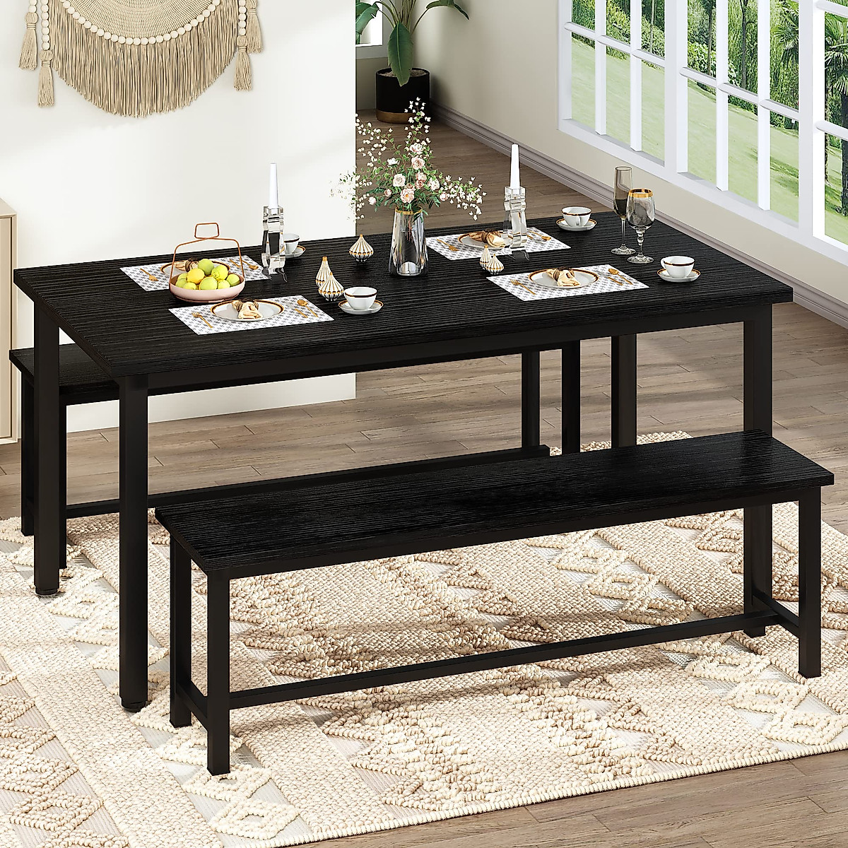 AWQM Dining Table Set with Two Benches, Kitchen Table Set for 4-6 Persons, Kitchen Table of 47.2 x 28.7 x 28.7 Inches, Bench of 41.3 x 11.8 x 17.7 Inches Each, Black