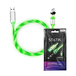 Statik GloBright Universal Light-Up Cable - Magnetic Smart Fast Charging Charger with Durable Nylon Braid - Lights up in The Dark (Green)