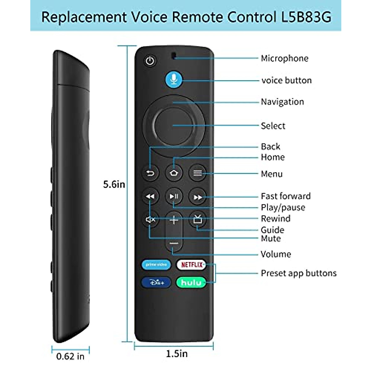 Voice Remote Control L5B83G Replacement for Fire TV (3rd Gen, Pendant Design), Fire TV Lite, Fire TV Stick 4K Max/Bundle (2nd Gen and Later), TV Cube (1st Gen and Later)