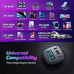 101W Superfast Car Charger USB C, [All Metal] 2PD + QC3.0 USB Car Cigarette Lighter USB Charger with OLED Display for MacBook, Laptop, iPhone 14/13/12, Samsung, Google Pixel All Smartphone