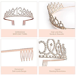 BEAN LIEVE 13th Birthday Decorations - Including 13th Birthday Sash, 13th Birthday Diamond Crown/Tiara, Birthday Candles and Cake Toppers, Rose Gold Maiden Gift 13th Birthday Celebration.