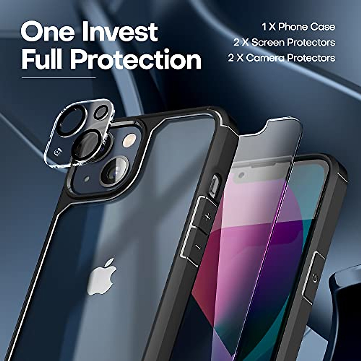 TAURI [5 in 1 Defender Designed for iPhone 13 Case 6.1 Inch, with 2 Pack Tempered Glass Screen Protector + 2 Pack Camera Lens Protector [Military Grade Protection] Shockproof Slim Thin Black