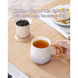 ZENS Tea Mug with Infuser and Lid for Loose Leaf Tea Steeper, 11 oz Embossed Ceramic Tea Cup with Strainers for Tea Steeper, Wood Handle Gradient Tea Cup for Daughter, Collector's Mug Gifts