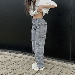 Viatabuna High Waisted Cargo Pants for Women Baggy Y2k Straight Wide Leg Pants with Pockets Streetwear A-Grey