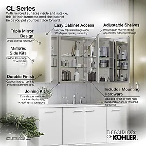 KOHLER CB-CLC1526FS CLC Flat 15" W x 26" H Aluminum Single Medicine Cabinet with Mirrored Door, Beveled Edges, Anodized Aluminim