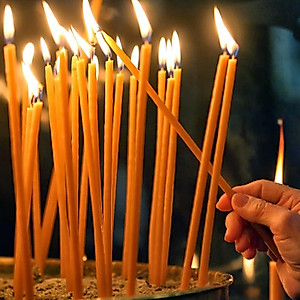 Kunrsug Beeswax Candles, No-Drip, Smoke-Less, 50 Pack Beeswax Taper Candles Church Prayers, Decorations, Birthday Celebrations, Each Candle Measures 6.3" in Height and Has A Diameter of 0.2"