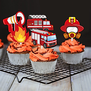 36pcs Fire Truck Party Cupcake Toppers Firefighter Baby Shower Decoration Fireman Themed Birthday Party Supplies Fire Engine Rescue Bday Cupcake Pick Decorations