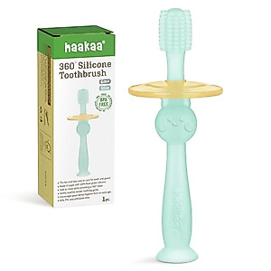 haakaa 360° Baby Toothbrush with Suction Base - Gentle Cleaning for Toddler's Self-Brushing Training, Food-Grade Silicone, Adjustable Safety Shield - Blue (1 Piece)