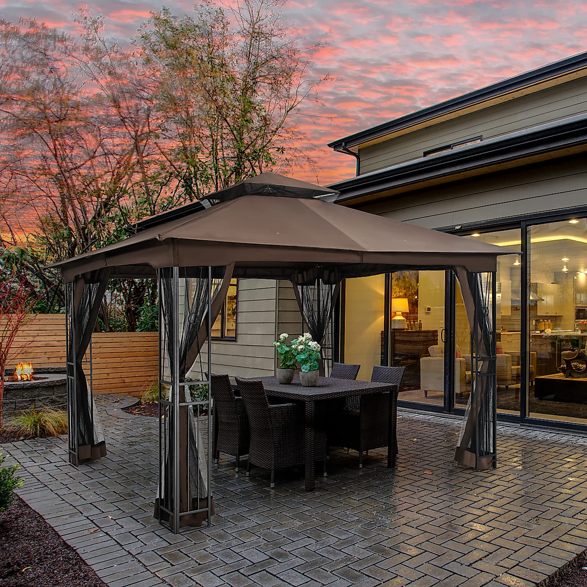 BACKYADOOR 10'X12' Gazebo, Outdoor Gazebo with Mosquito Netting, Patio Gazebo with Ventilation Double Roof for Patio, Deck, Garden (Dark Brown)