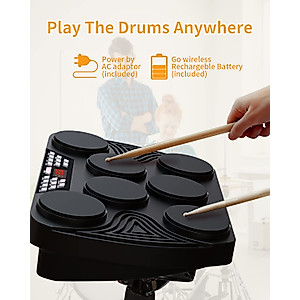 KONIX Electronic Drum Set, Tabletop Electric Drum Kit, 7 Pad Portable Digital Drum Pad Machine with Digital Panel, Built-in Speakers, PC Connection Support, Ideal Gift for Teens and Adult Beginners