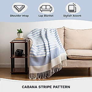 Striped Throw Blanket - Farmhouse Style Throws with Cabana Stripe Coastal Beach Pattern - Soft Light Woven Blankets with Stripes for Sofa, Bed, Outdoor, Patio - 50 x 60 in. (Light Blue)