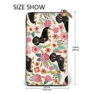 HOMETER Leather Wallet For Women Dachshund Floral Coin Purse Travel Credit Card Holder Zipper Purse Cell Phone Handbag