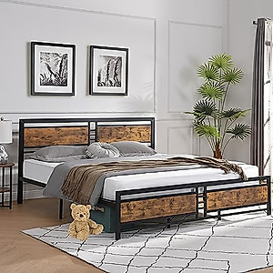 AnwickNomo Queen Size Metal Platform Bed Frame with Wooden Headboard and Footboard, Heavy Duty Rustic Country Style Mattress Foundation with Strong Slat Support, No Box Spring Needed, Noise-Free