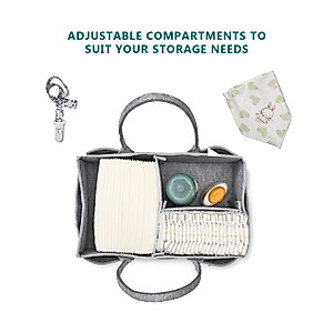 NEENY Baby Diaper Caddy Organizer – Portable Changing Table Storage Basket – Soft Felt Grey Nappy Bag Adjustable Compartments – Wipes Bottle Nursing Home & Car Travel – FREE Cotton Bib & Pacifier Clip