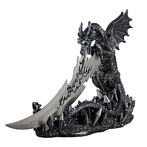 Wicked Fire Dragon Fantasy Letter Opener Knife Dagger and Holder Base,Polyresin