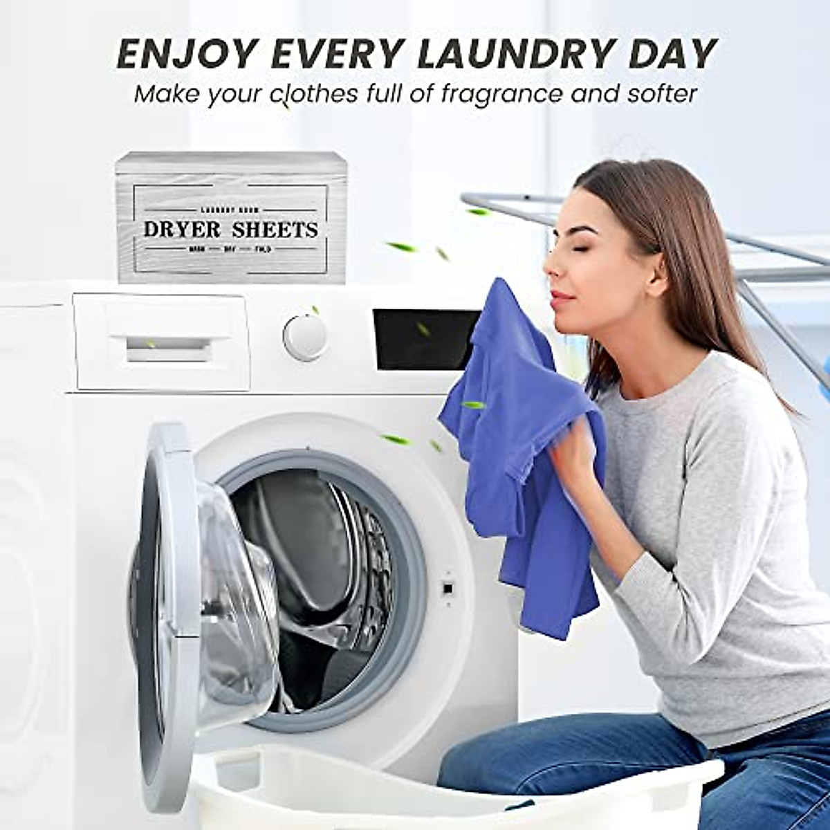 Cute Farmhouse Dryer Sheet Holder Dispenser with Hinged Lid Laundry Room Decor, Dryer Sheet Container Fabric Softener Dispenser Space Saving for Laundry Organization/Storage,Grey