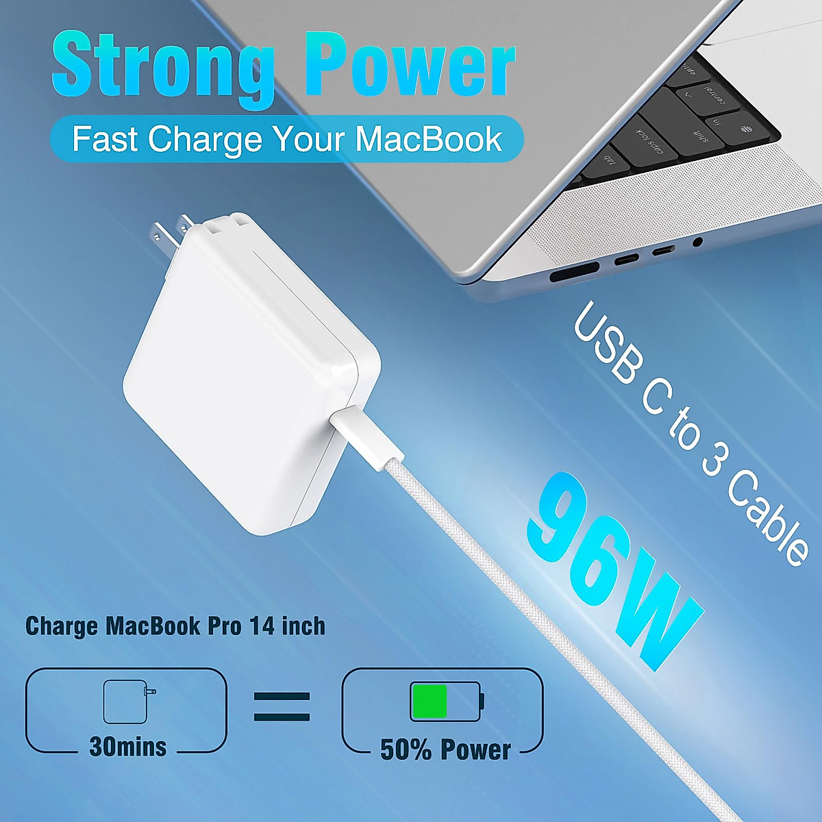 Charger for MacBook Pro 14 16 inch 2024 2023 2022 2021 M4 M3 M2 M1, M2 M3 MacBook Air 13 15 inch, 96W / 70W USB C Power Adapter, 6.6FT USB C to 3 Braided Cable LED, Powerful Connect, Original Quality