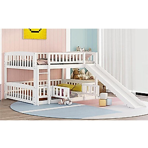 DreamBuck Full Over Full Bunk Bed with Convertible Slide and Ladder, Wood Low Bunk Bed with Fence for Toddler/Kids/Teens, Floor Bunk Bed for Boys/Girls, Space Saving, Easy Assembly, White