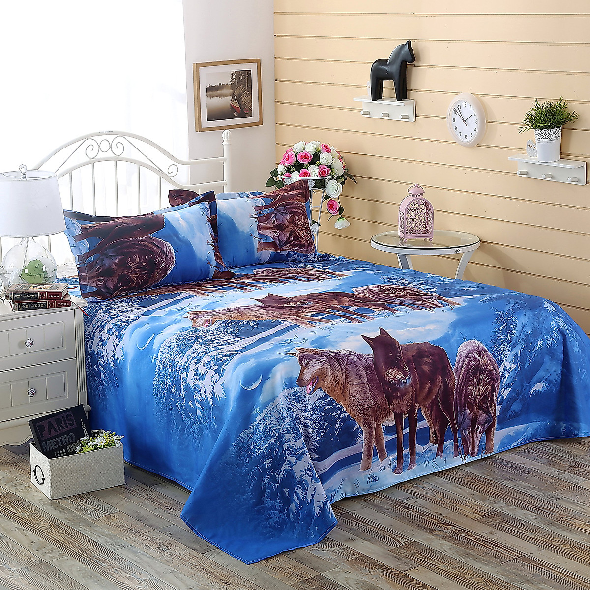 Heave Wolf Duvet Cover Set Queen Size Wolf Printed Bed Set with Sheet and 2 Pillow Covers Manly Bedding 4pcs