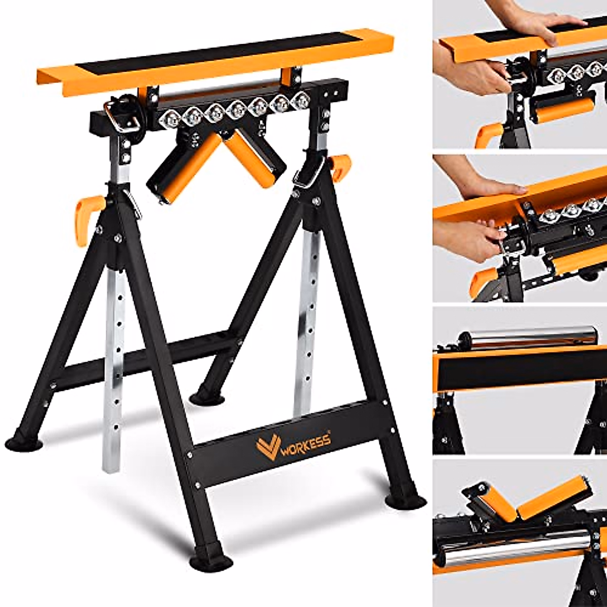 WORKESS 4 in 1 Roller Stand, Stable 440 Lbs Load Capacity with Saw Horses, V-Shaped, Multi-Directional Rollers & Outfeed Roller, Adjustable Height 33”- 50”, Folding for Woodworking