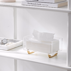 HBlife Clear Tissue Box Cover Rectangle Acrylic Tissue Box Holder with Gold Plated Legs Napkin Dispenser Dryer Sheet Container for Bathroom