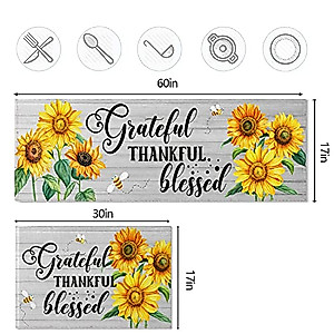 PRUKIVRA Kitchen Rugs and Mats,Non Skid Washable,Sunflower on Light Wood,Set of 2,Anti-Fatigue Comfort Standing Mat for Floor, Office, Sink, Laundry(17"x60"+17"x30")
