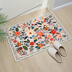 Rugcomf Door Mat Indoor Entrance 2x3 Rug Machine Washable Boho Floral Small Area Rug Non-Slip Low Pile Throw Rugs for Entryway, Kitchen, Front Door Indoor Entrance, Entry, Kids Room (Beige)