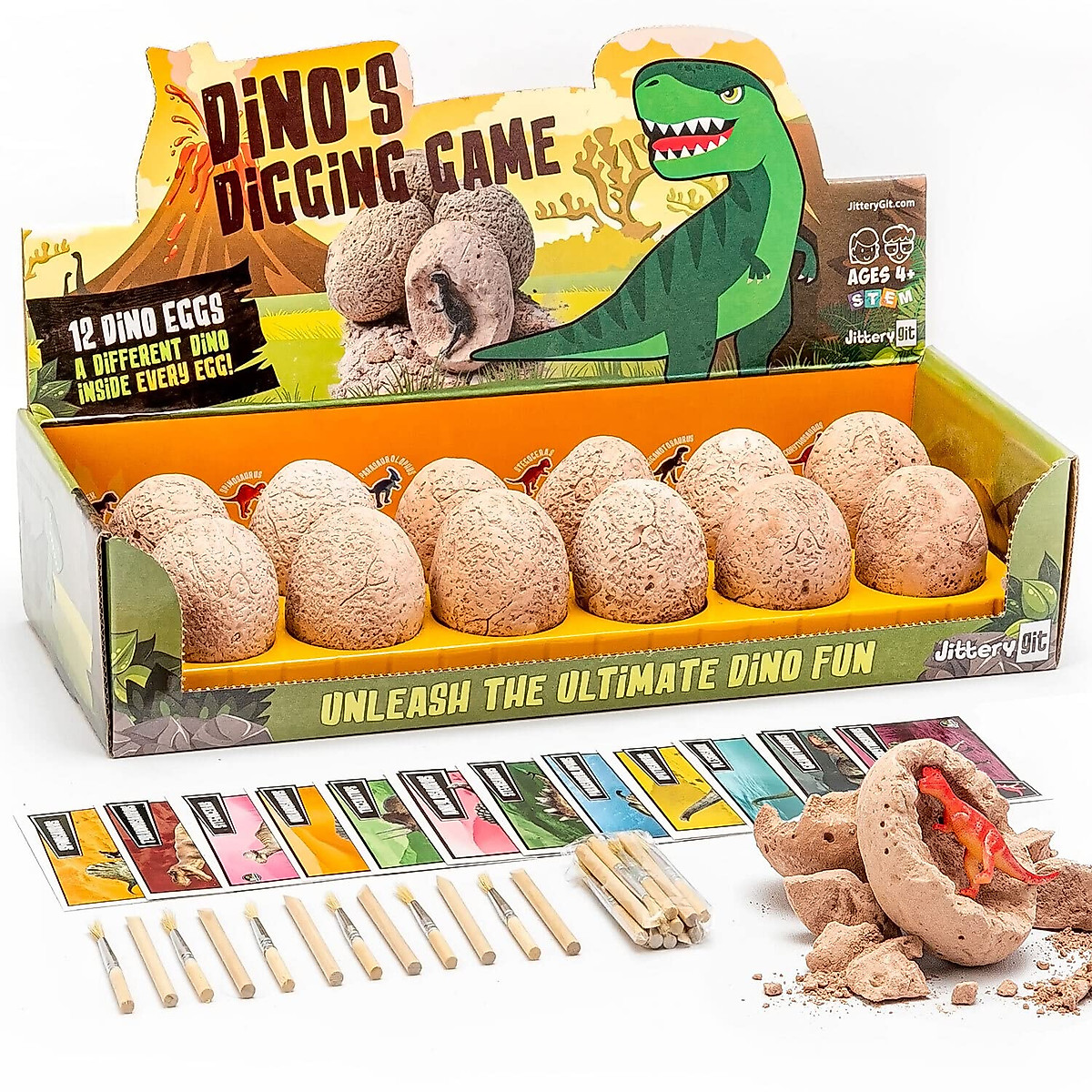 Dino Eggs Dig Kit, Dinosaur Eggs for Kids 3-5, Perfect for Dinosaur Birthday Party Supplies and Dinosaur Party Games - 12 Dino Eggs Excavation Set for Kids by JitteryGit