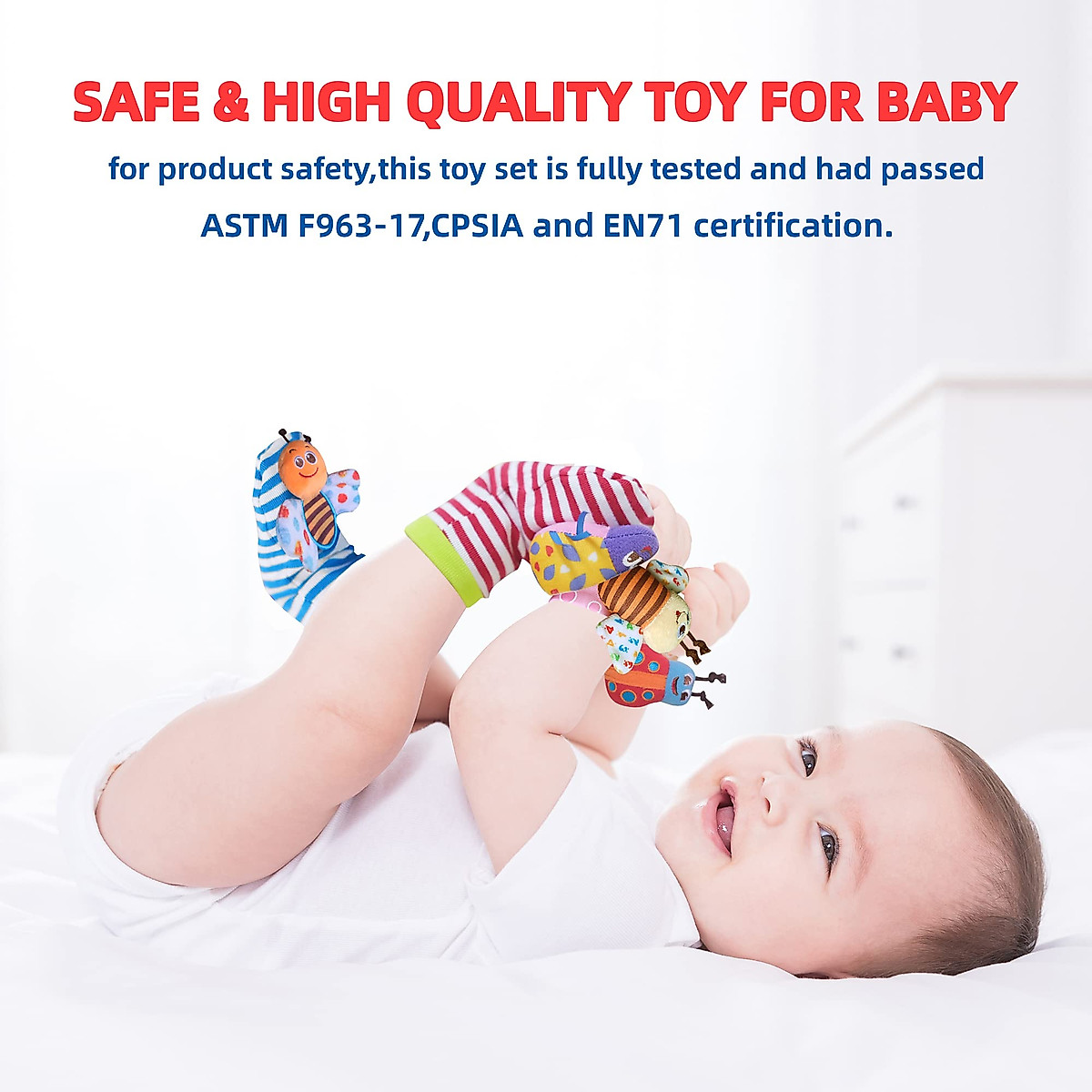 JOYLEX Baby Soft Rattle, Hand Rattle and Socks Toys, Wrist Rattle and Foot Finder, Arm Ring Leg Bell Wear Toy, Infant Plush Toys, Wrist Chew Toy, Gift for Newborn Boy & Girl (4 pcs-B)