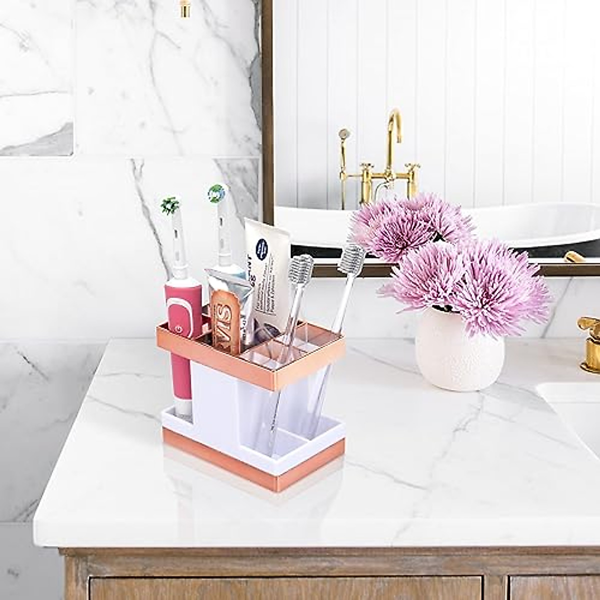 Chintu Kids Toothbrush Holder Set Rust Free Family Toothpaste Holder for Bathroom Countertop, Plastic Toothbrush Organizer Stand, Electric Toothbrush Holder Bathroom Shower Accessories Withe/Rose Gold