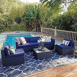 Sophia & William Patio Outdoor Furniture Wicker Sectional Sofa Set All-Weather Low Back Patio Conversation Set W/Tea Table and Washable Couch Cushions (6 Piece-Navy Blue)