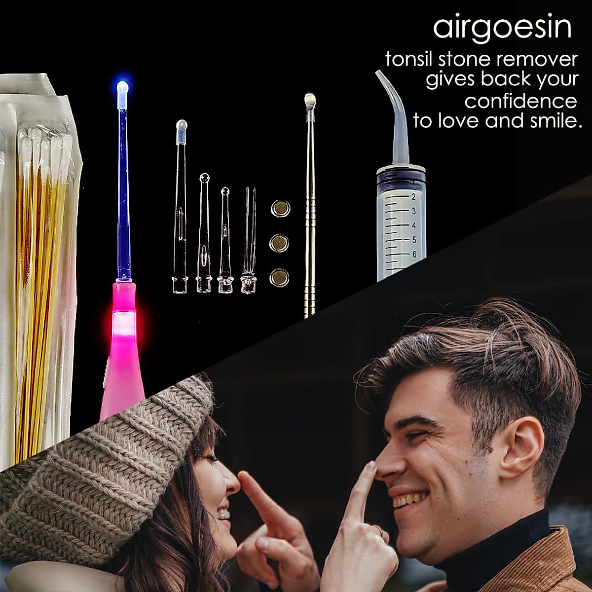 Airgoesin Tonsil Stone Remover, Stainless Steel Tonsil Stone Removal Tool, Long LED Tonsillolith Exorcism Kit, 50 Swabs and Curved Oral Irrigator Syringe to Get Rid of Bad Breath, 4 in 1 kit