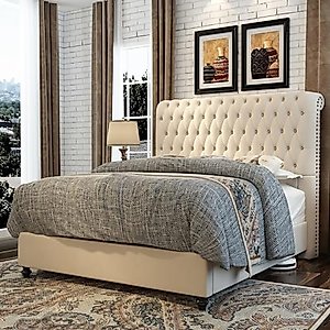 Jocisland King Size Upholstered Bed Frame and Headboard Sleigh PlatformTufted Bed/Cream