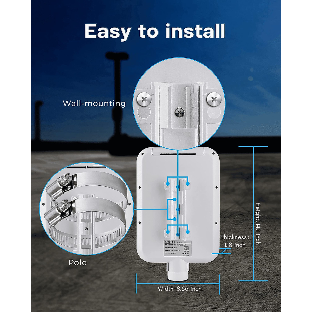Octide Outdoor Weatherproof PoE Switch, with 4×Gigabit Poe Ports+1×Gigabit Uplink Port+1SFP Slot, All-in-One Box, IEEE802.3af/at, AI Watchdog, Plug&Play, Fan-Less Unmanaged.