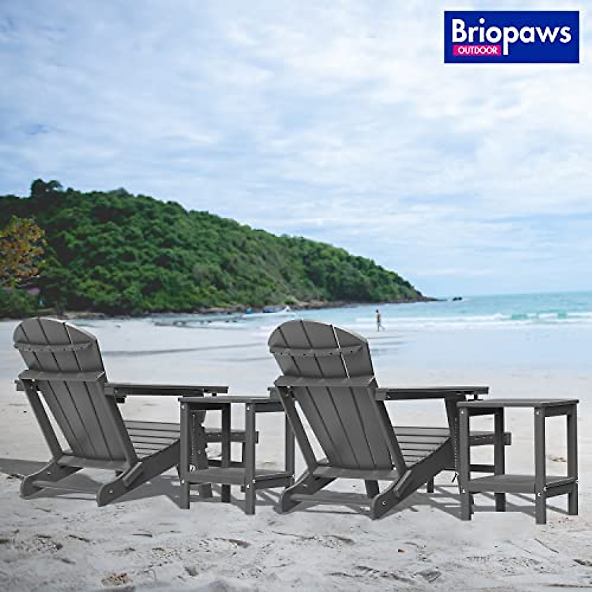 BRIOPAWS Folding Adirondack Chairs with Ottoman Set of 2, Weather Resistant HDPE Patio Chair w/Cup Holders & Retractable Footrest for Poolside Lawn Fire Pit Deck Outdoor Porch Campfire, Grey, 2 Pack