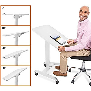 Stand Steady Multifunctional Mobile Podium Desk | Portable Sit to Stand Lectern with Pneumatic Height Adjustment & Tilting Desktop | Rolling Laptop Stand | Mobile Desk for School, Home, Office (White)