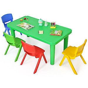 HONEY JOY Kids Table and 4 Chair Set, 48 x 24 Inch Children Rectangular Study Table w/Stackable Seats, 4 Pcs Plastic Activity Toddler Furniture Set for Playroom Daycare, Gift for Boys Girls (Colorful)