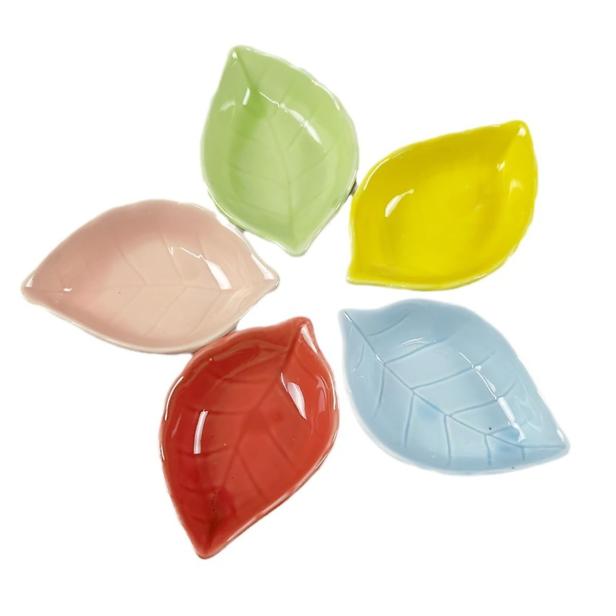 WAIT FLY Leaves Shaped Pattern Ceramic Seasoning Dishes/Tea Bag Holders/Ketchup Saucer/Appetizer Plates/Vinegar Spice Salad Soy Sushi Wasabi Seasoning Dipping Bowls-Green-4 PCS