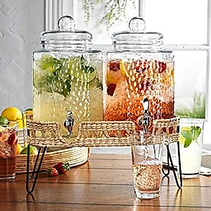 Double Ice Cold Clear Glass Hammered Beverage Drink Dispensers On Wicker Metal Stand 1.5 Gallon Each Mason Jug For Outdoor, Parties & Daily Use