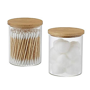 YININE Bamboo Vanity Tray, Bathroom Tray Organizer Glass Qtip Holder Dispenser Apothecary Jars for Cotton Swabs Balls Round Pad Perfume Candles Cosmetics Jewelry Makeup